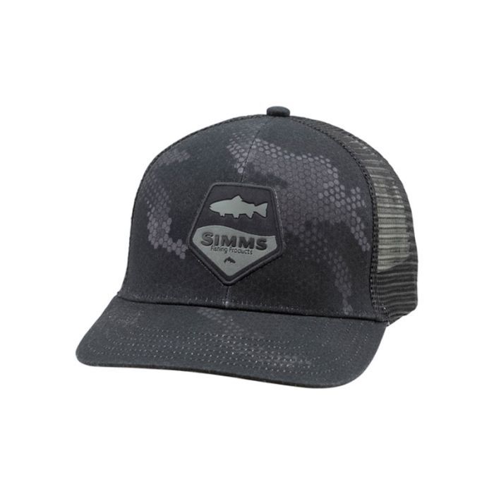 Simms Trout Patch Trucker Cap, hex camo carbon