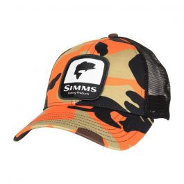 Simms Bass Patch Trucker Cap, woodland camo flame, Fly Fishing